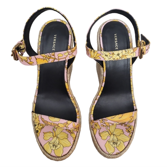 Versace | Shoes | Versace Pink Barocco Floral Espadrille Wedge Sandals ...